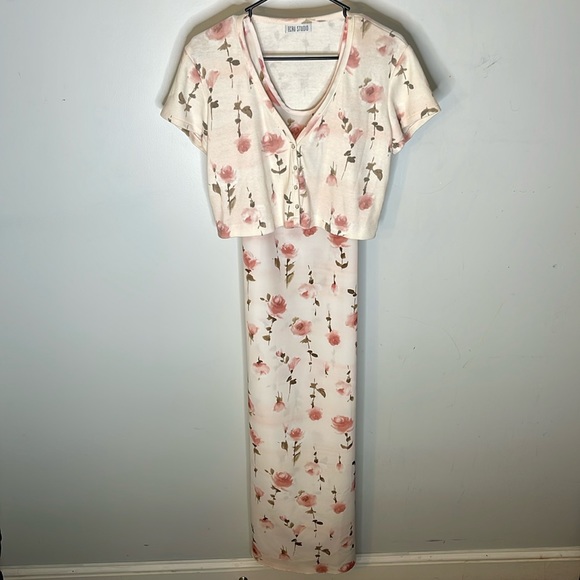 Ecru Studio | Dresses | Ecru Studio Two Piece Cream And Pink Floral Maxi Dress And Knit Shrug ...